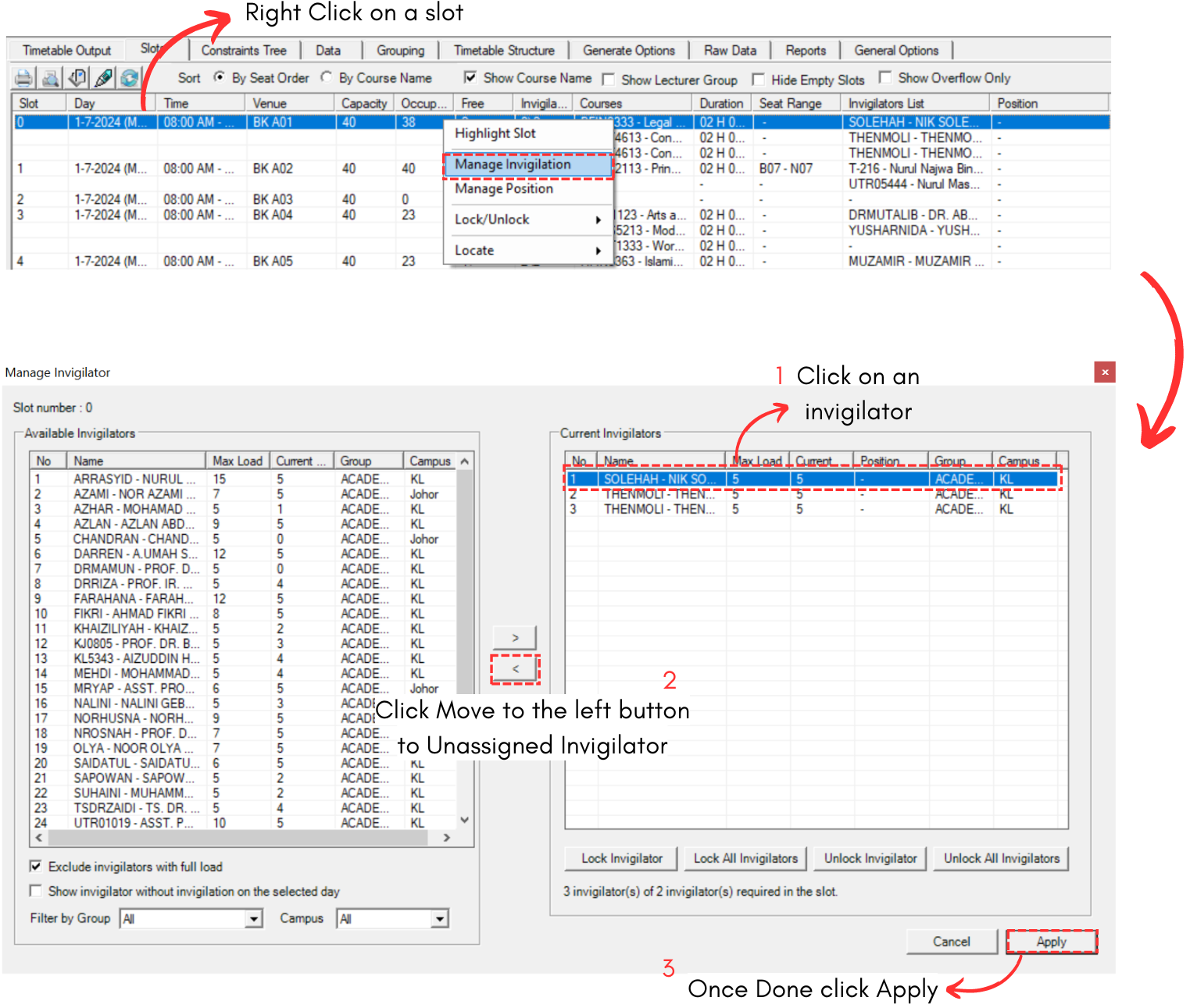 Stage 5: Invigilators: Remove Invigilator from Slot | TPlus